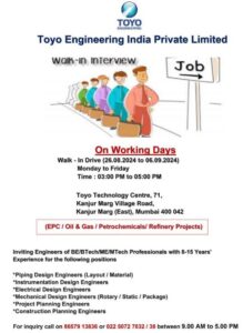 Weekly Walk-In Drive at Toyo Engineering – Piping and Interface Engineering